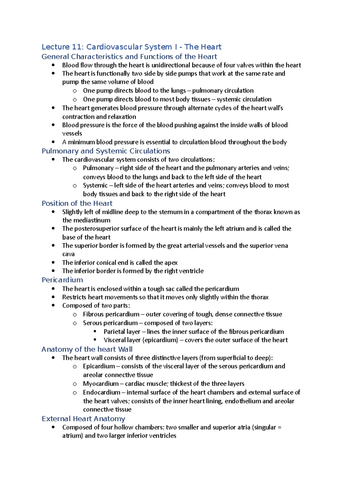 Lecture 11 The Heart notes - Lecture 11: Cardiovascular System I - The ...