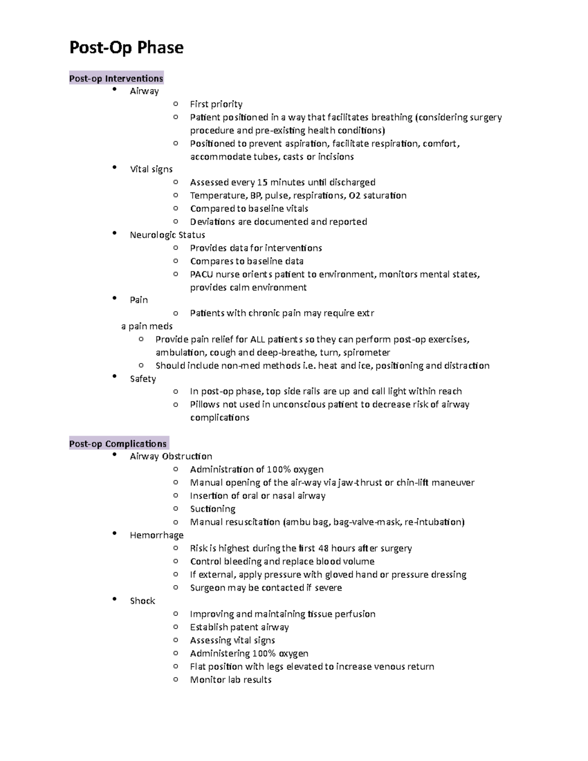 Post-Op 324 - Elsevier Assignment notes - Post-op Interventions Airway ...