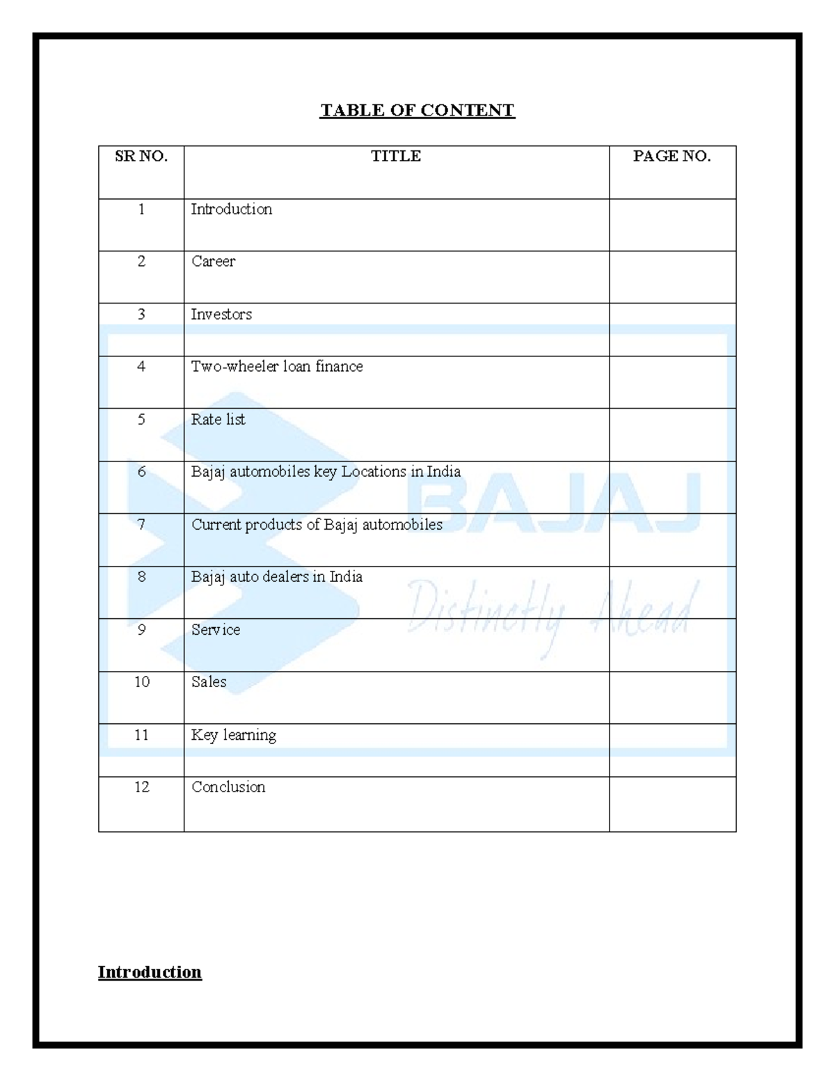 421684171 Internship Report OF Bajaj AUTO LTD docx - TABLE OF CONTENT ...