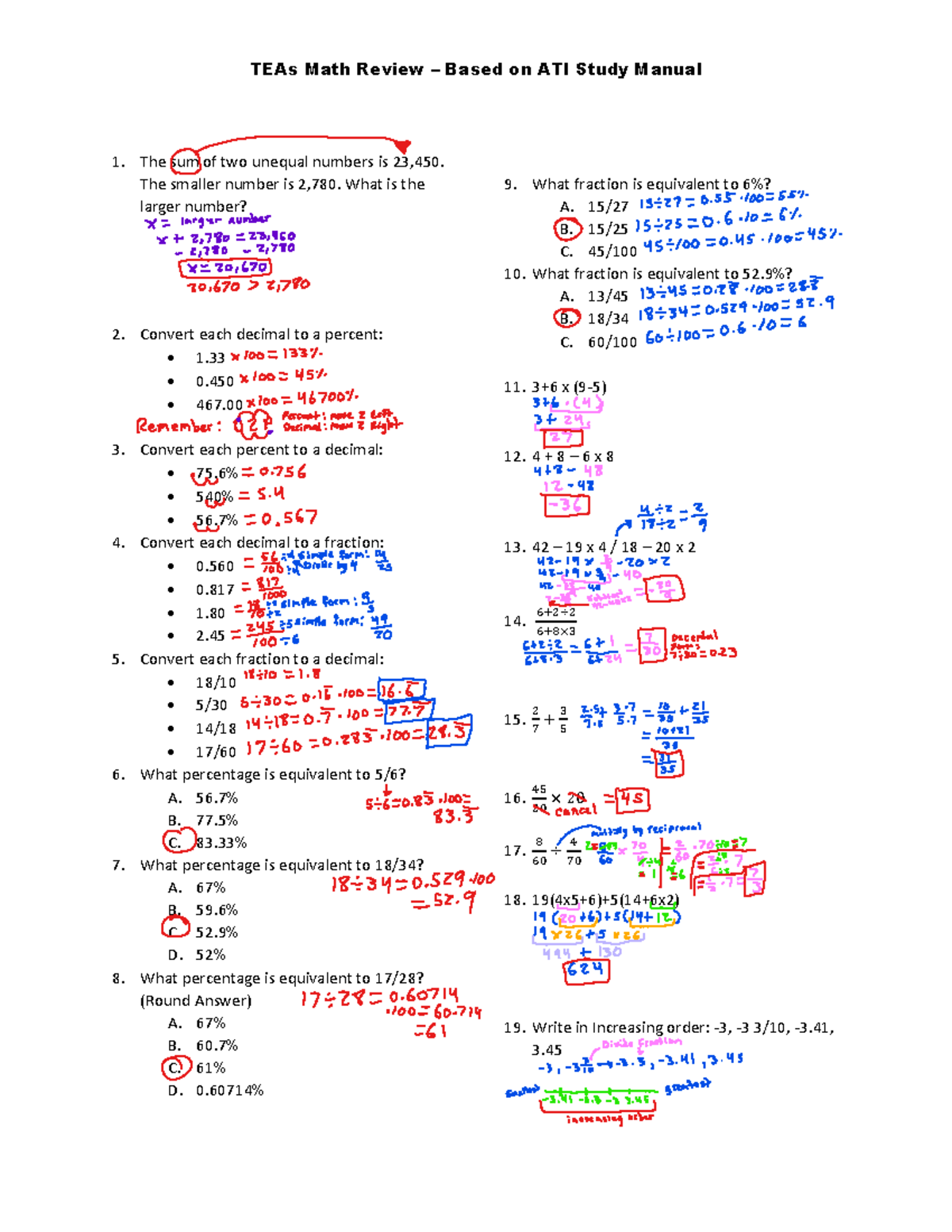 Answers ATI Teas Math Review 1 Based On Study Manual - The sum of two ...