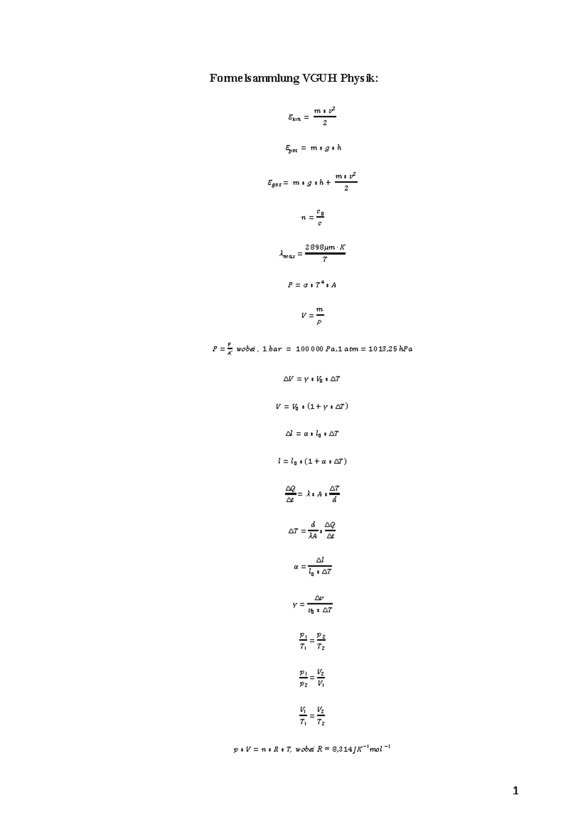 VGUH Formelsammlung komplett neu - 1 Formelsammlung VGUH Physik: 𝐸𝑘𝑖𝑛 ...