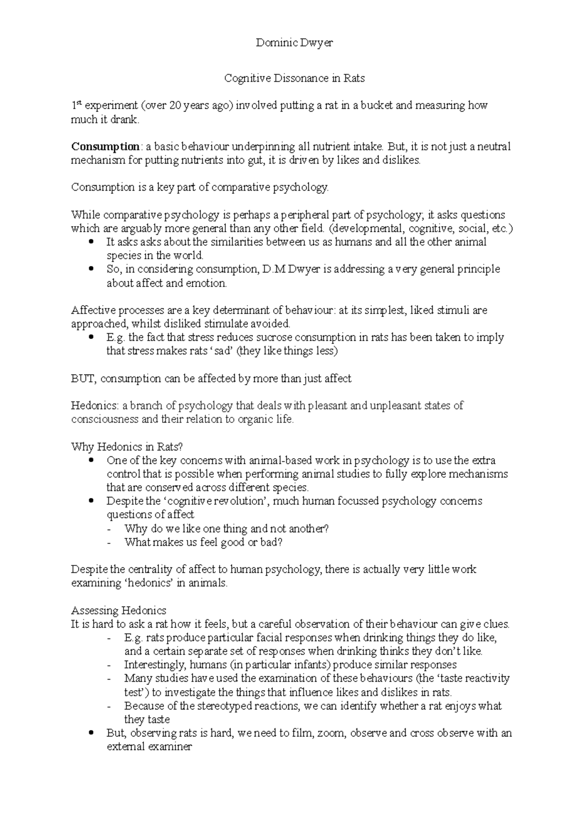 Cognitive Dissonance in Rats - Dominic Dwyer Cognitive Dissonance in ...