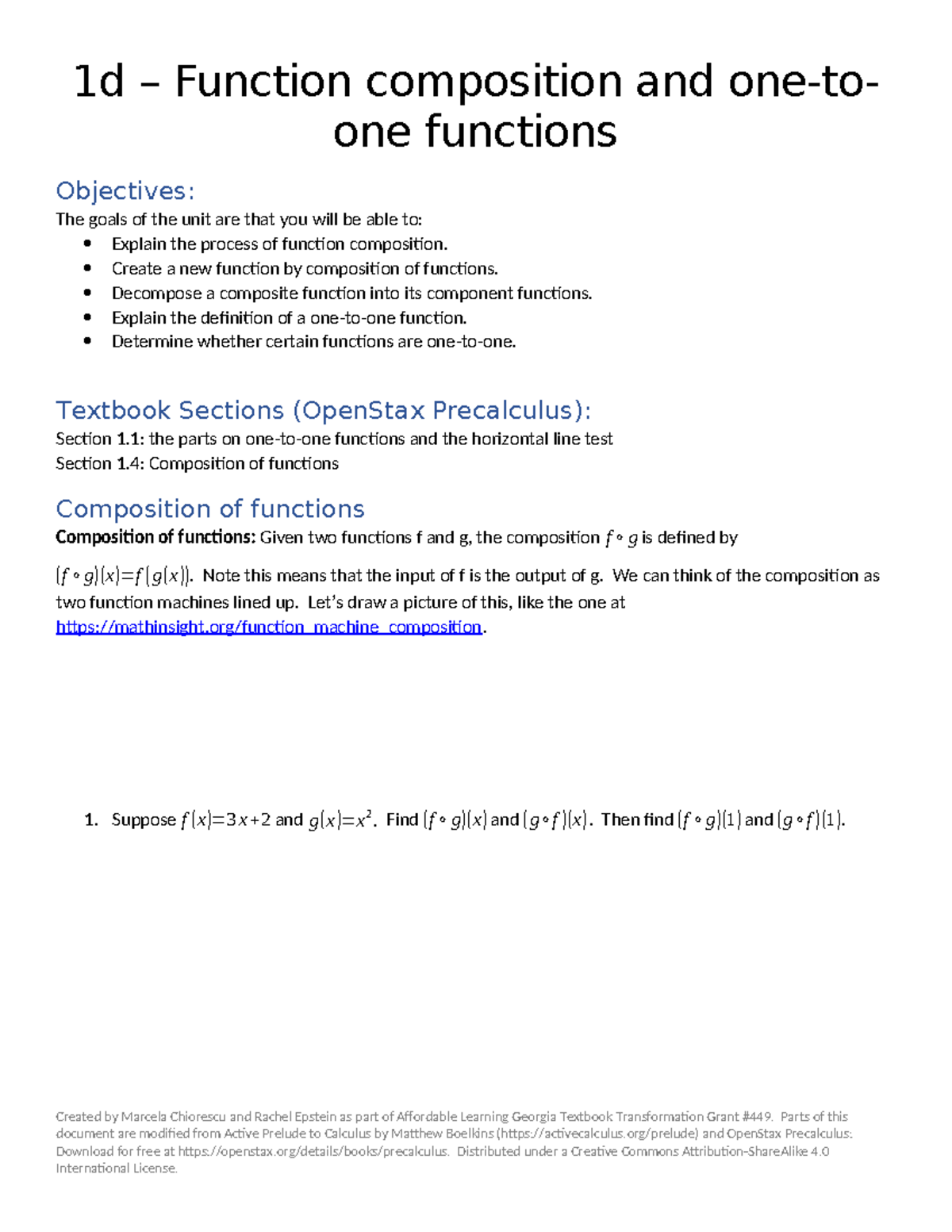 Function composition and one-to-one functions - 1d – Function composition and one-to- one ...