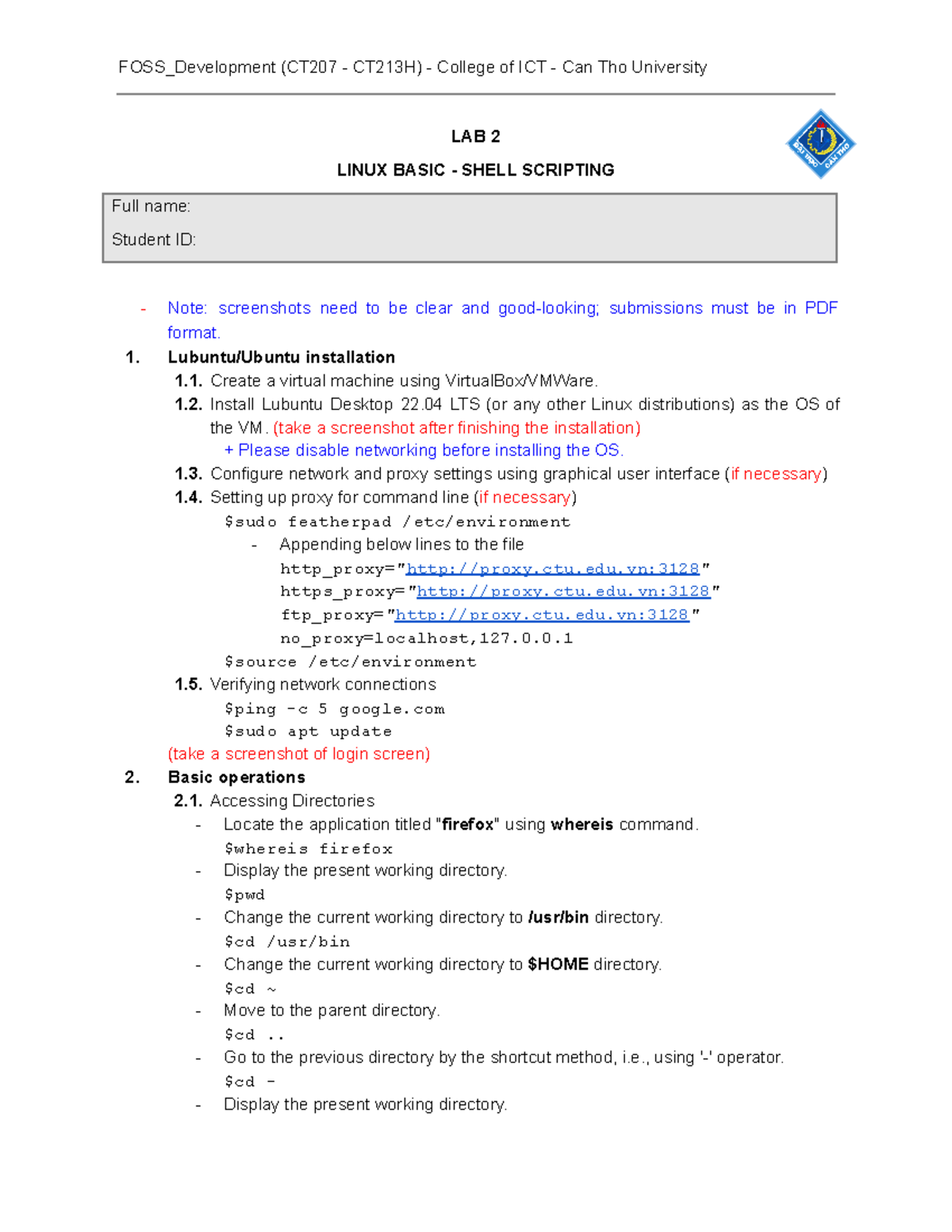 Bài tập thực hành số 2 - LAB 2 LINUX BASIC - SHELL SCRIPTING Full name: Student ID: - Note ...