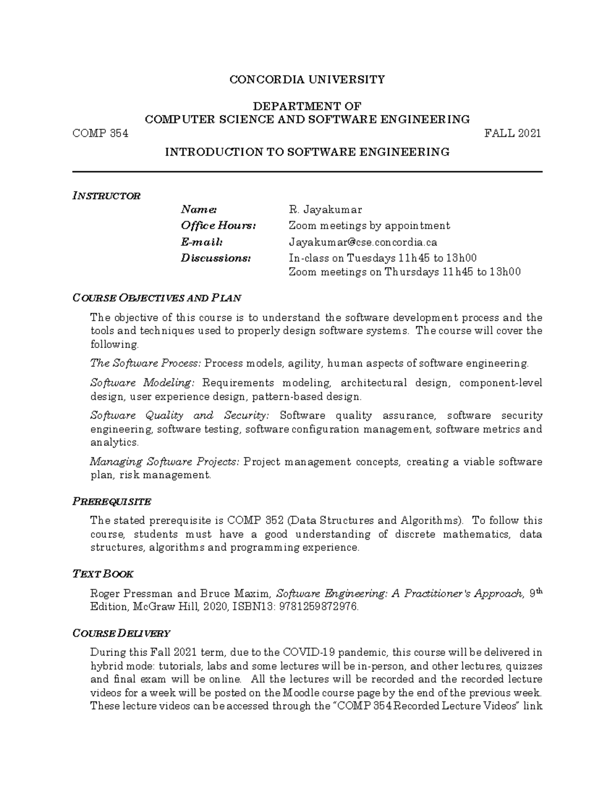 comp 354 Outline 2021 - CONCORDIA UNIVERSITY DEPARTMENT OF COMPUTER ...