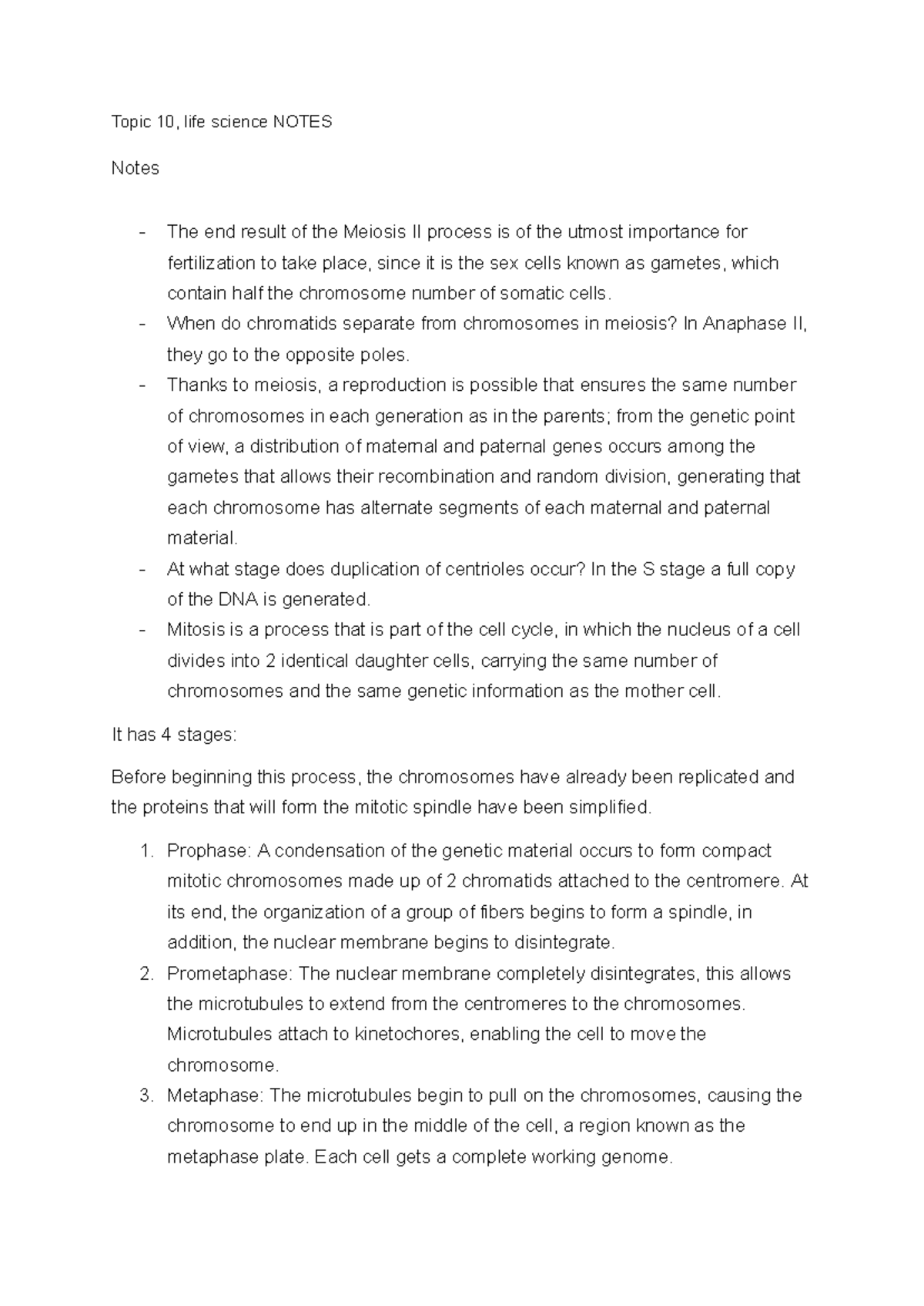 Topic 10, life science Notes - Topic 10, life science NOTES Notes - The ...