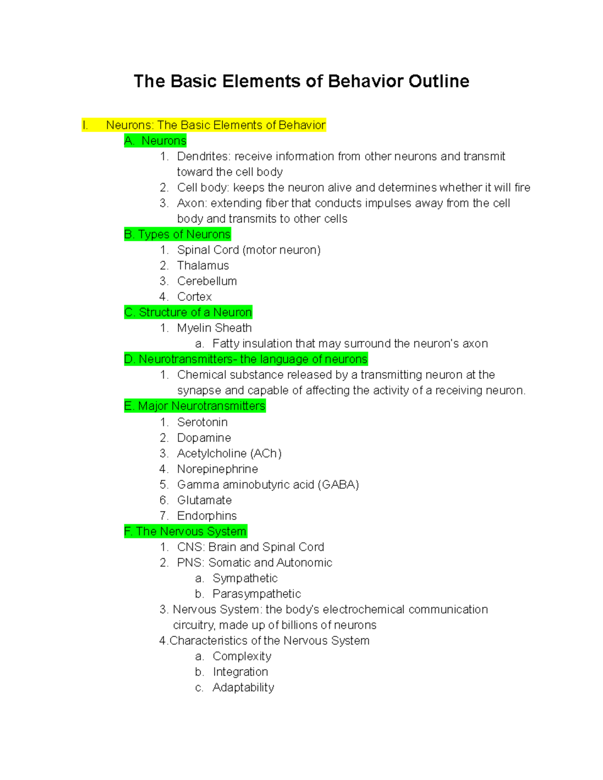 The Basic Elements of Behavior Outline - Neurons: The Basic Elements of ...