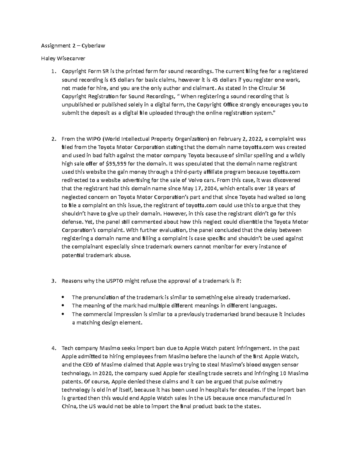 Cyberlaw Assignment 2 - Assignment 2 – Cyberlaw Haley Wisecarver ...