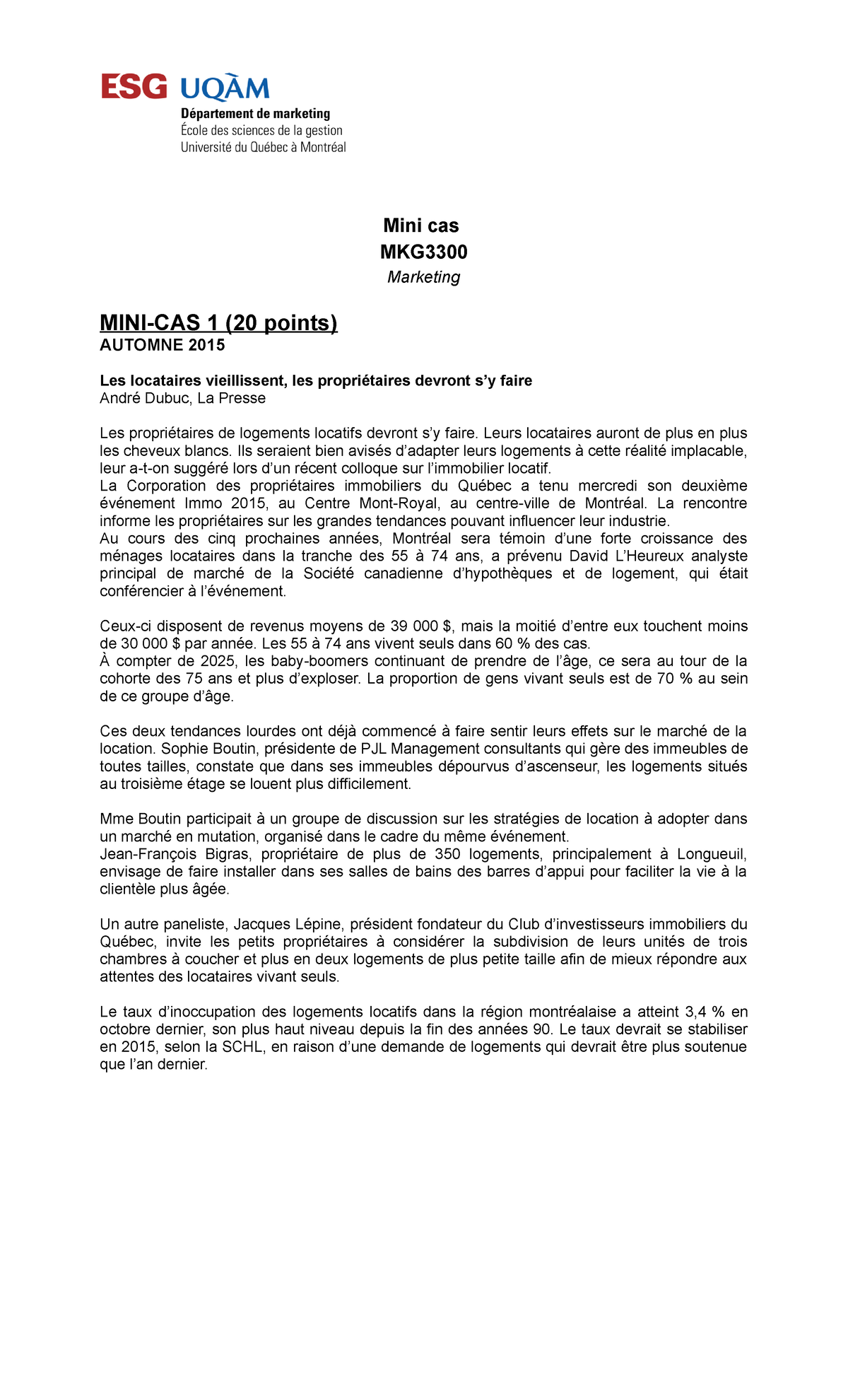 exercise mkg quam - Mini cas MKG Marketing MINI-CAS 1 (20 points ...