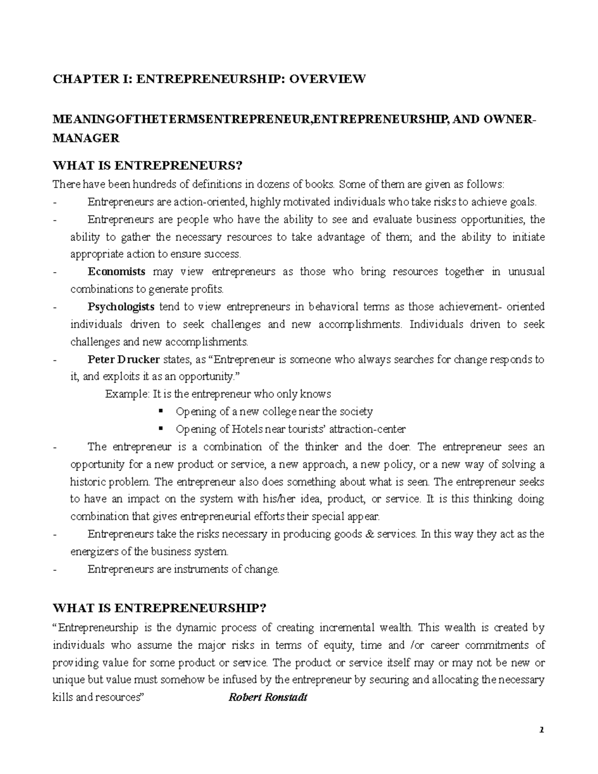 Chapter 1 enterprenurship chapter one - CHAPTER I: ENTREPRENEURSHIP ...