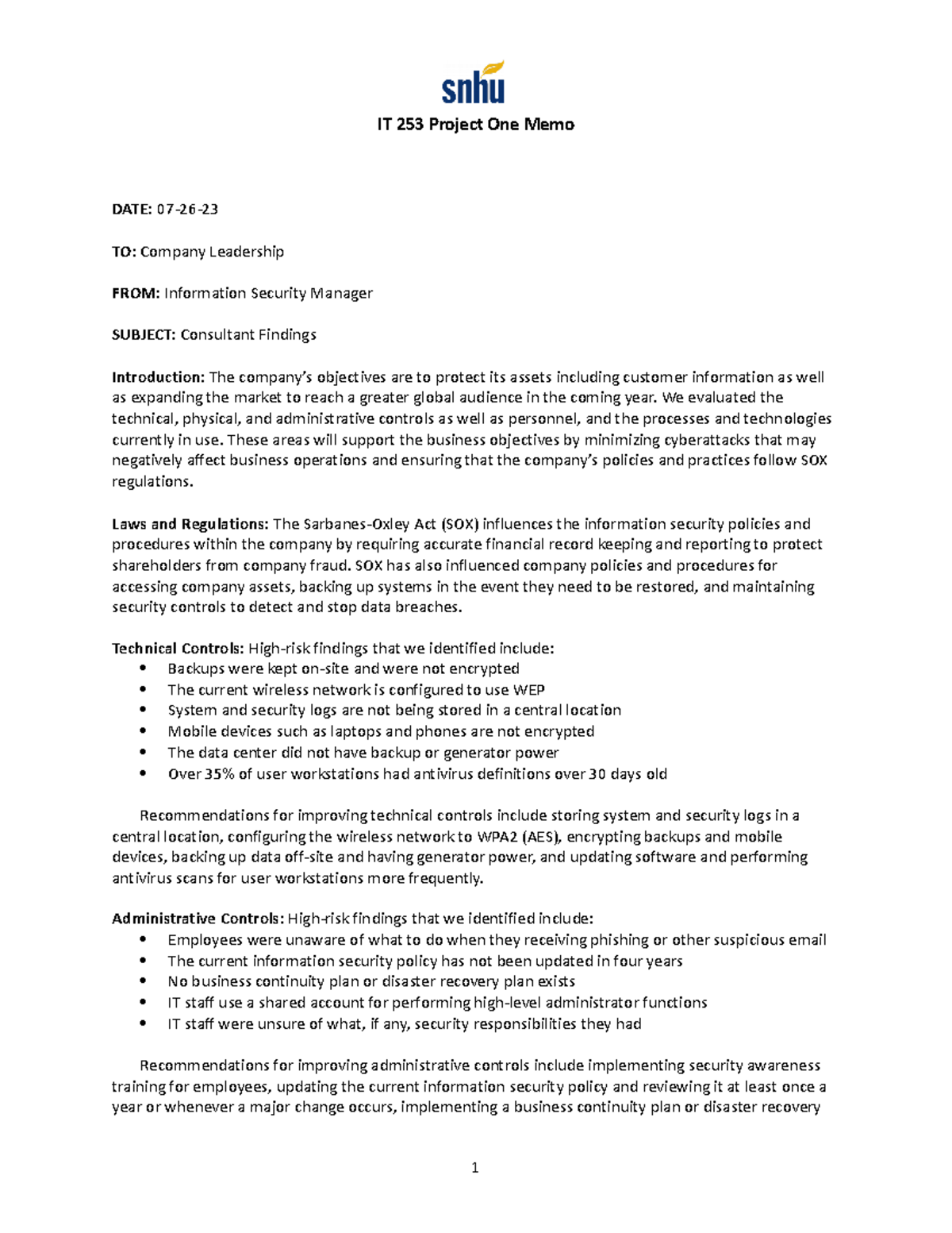 IT 253 Project One Memo - IT 253 Project One Memo DATE: 07-26- TO ...