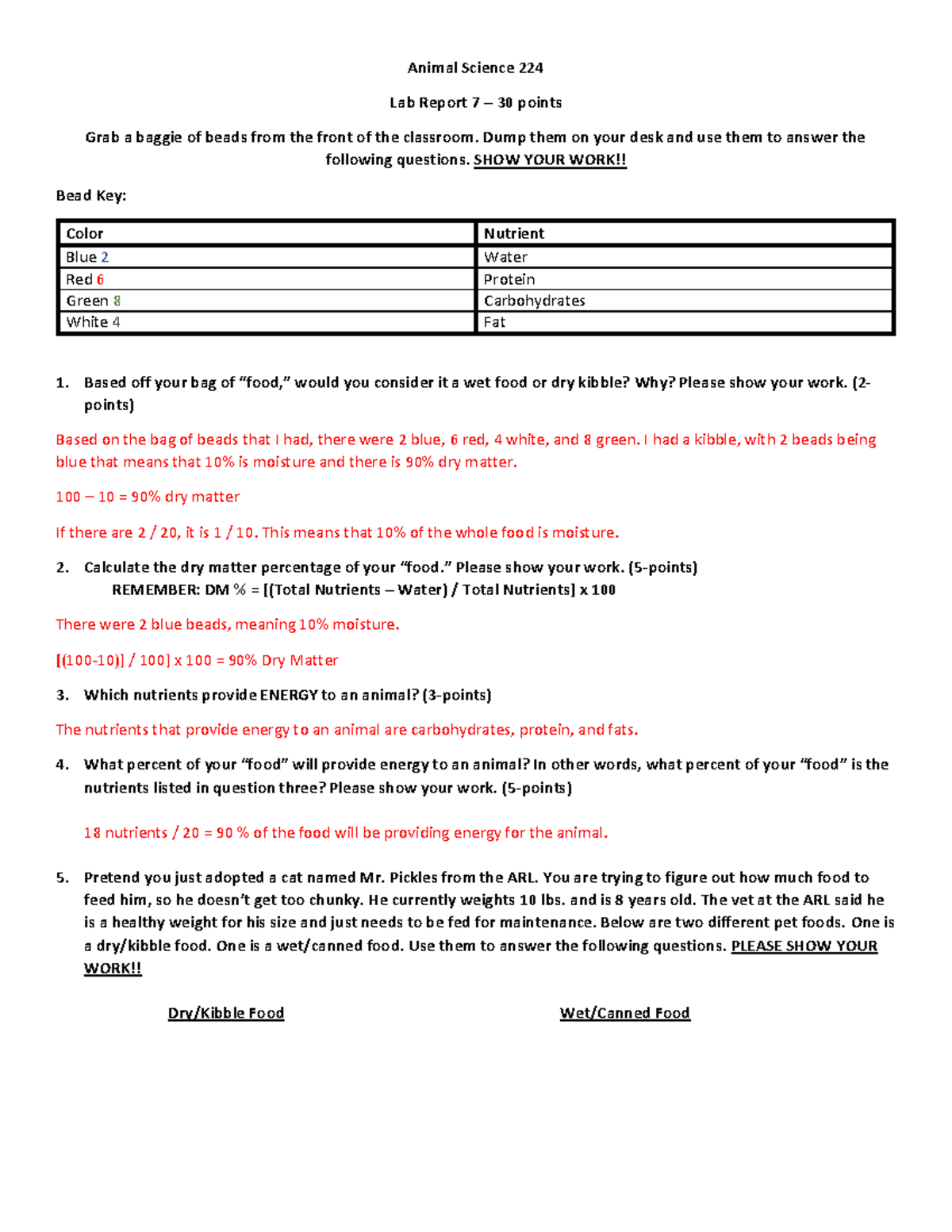 Lab Report 7 - LAB KEY - Animal Science 224 Lab Report 7 – 30 points Grab a baggie of beads from ...