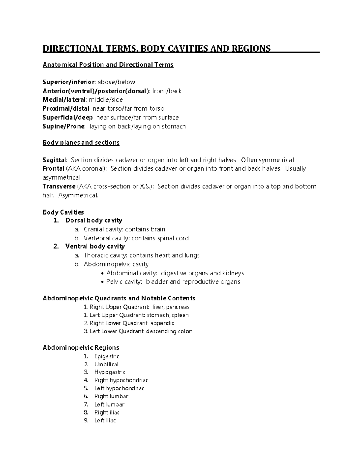 Directional Terms, BODY Cavities AND Regions - DIRECTIONAL TERMS, BODY ...