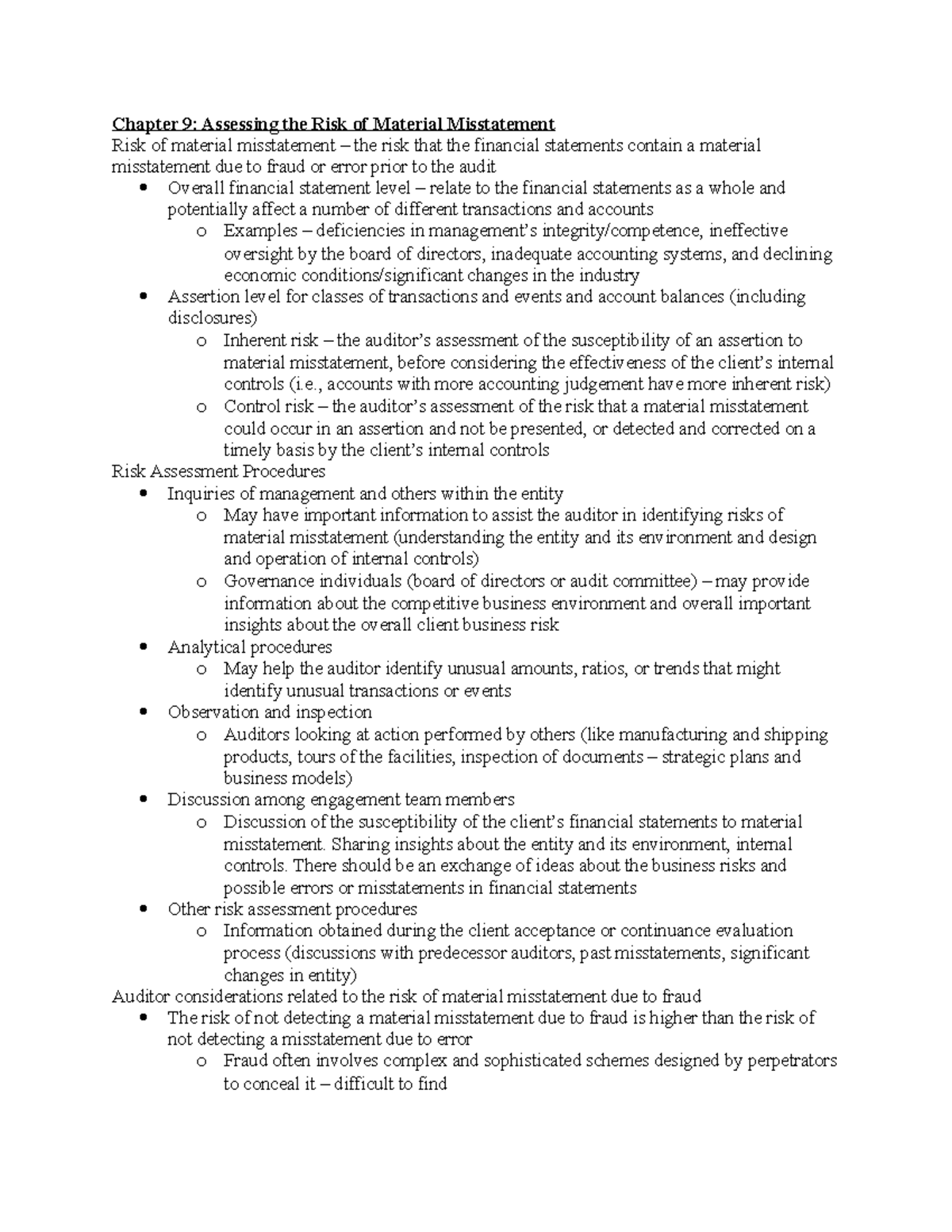 Chapter 9 Notes - Chapter 9: Assessing the Risk of Material ...