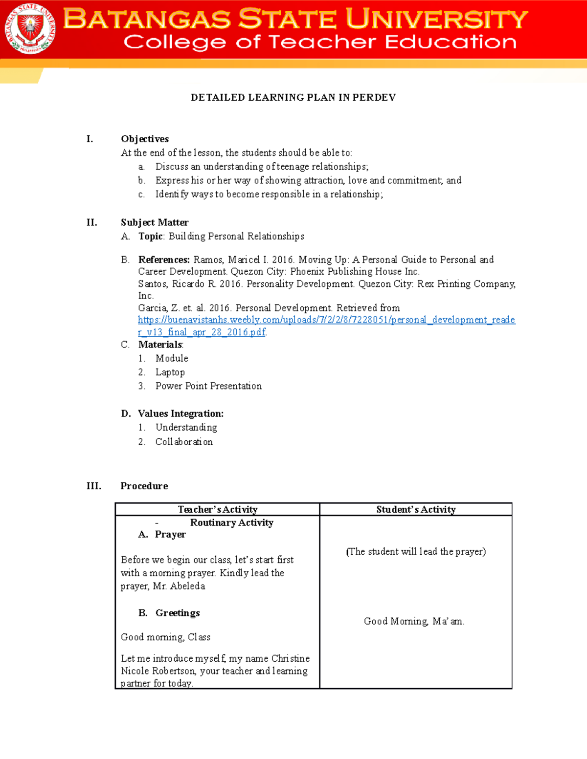 Robertson, Christine Nicole C. Detailed Learning PLAN IN Perdev ...