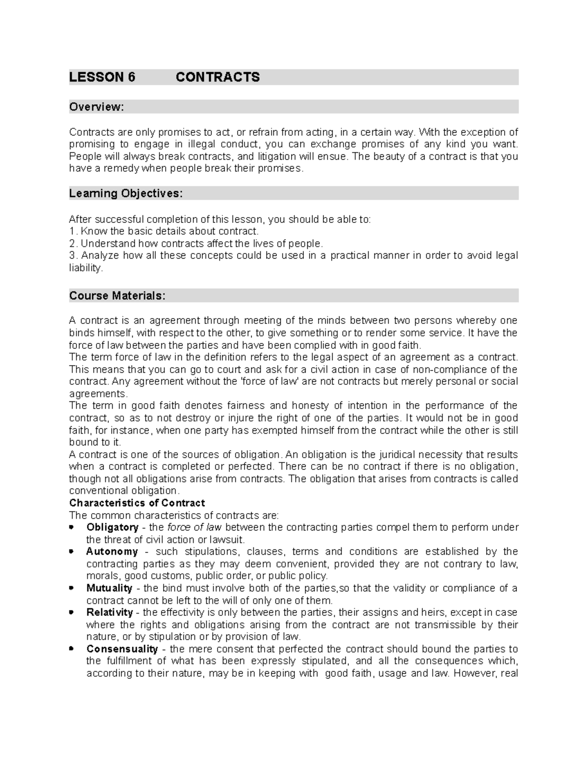 Lesson-6- Contracts Reviewer - LESSON 6 CONTRACTS Overview: Contracts ...
