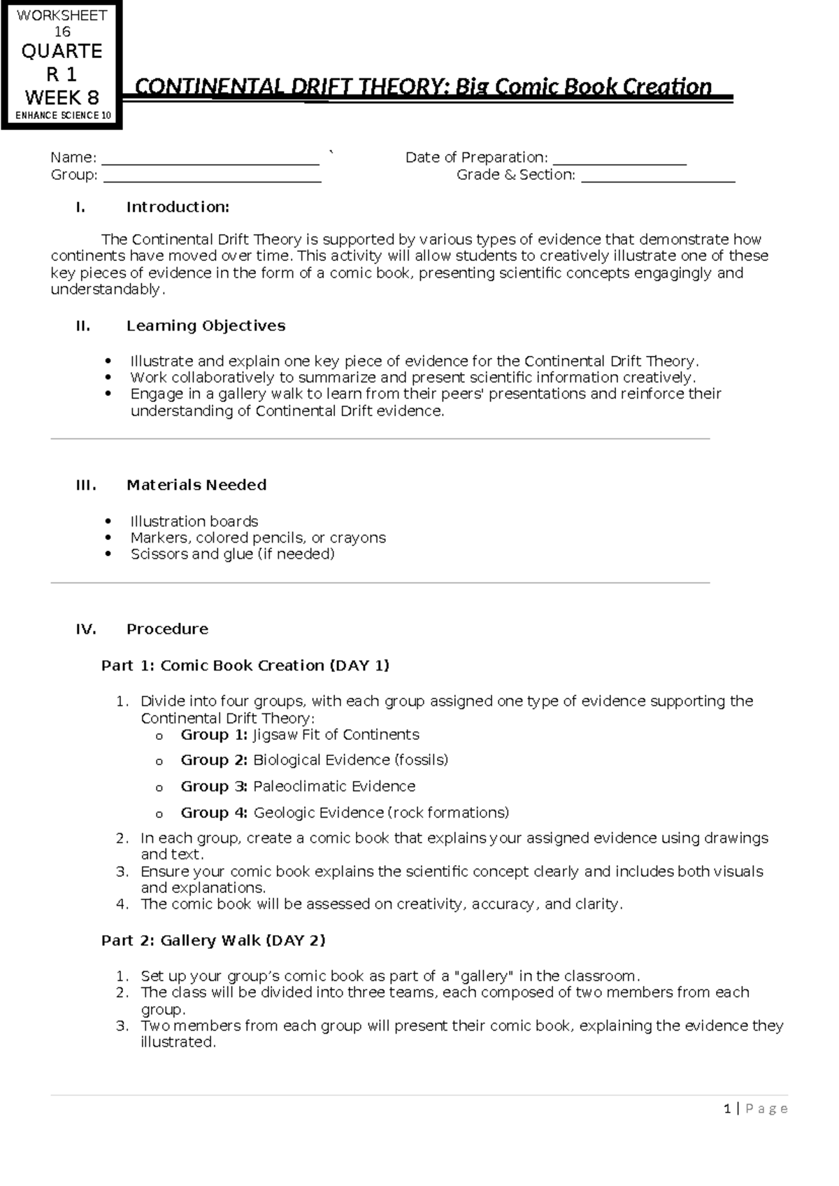 Q1W8WS16 Continental Drift-Big Comic Book Creation - WORKSHEET 16 ... Q1W8WS16 Continental Drift-Big Comic Book Creation - WORKSHEET 16 ...