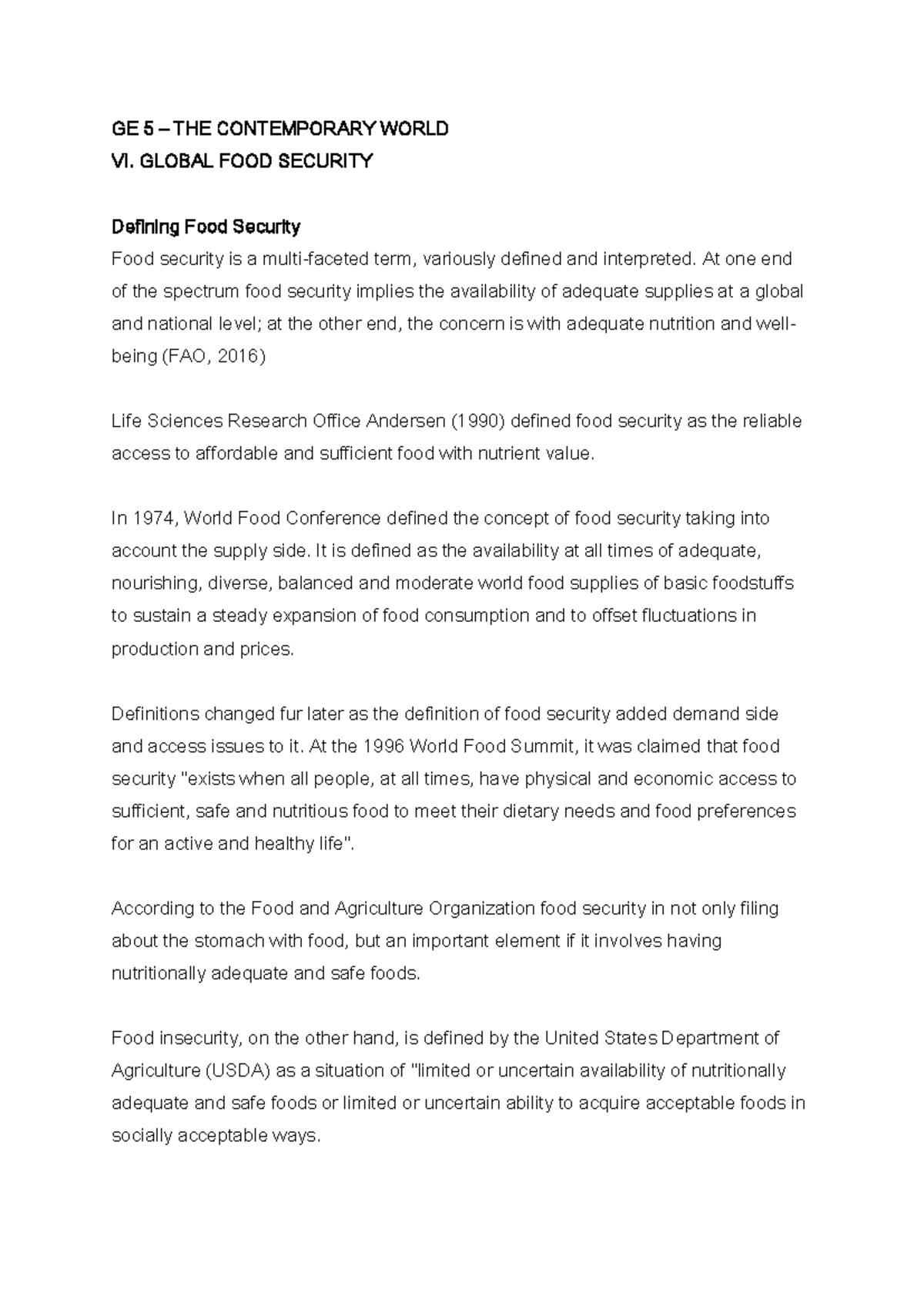 GE 5 Reviewer ( Lesson 6 FOOD Security) 074115 - GE 5 – THE ...