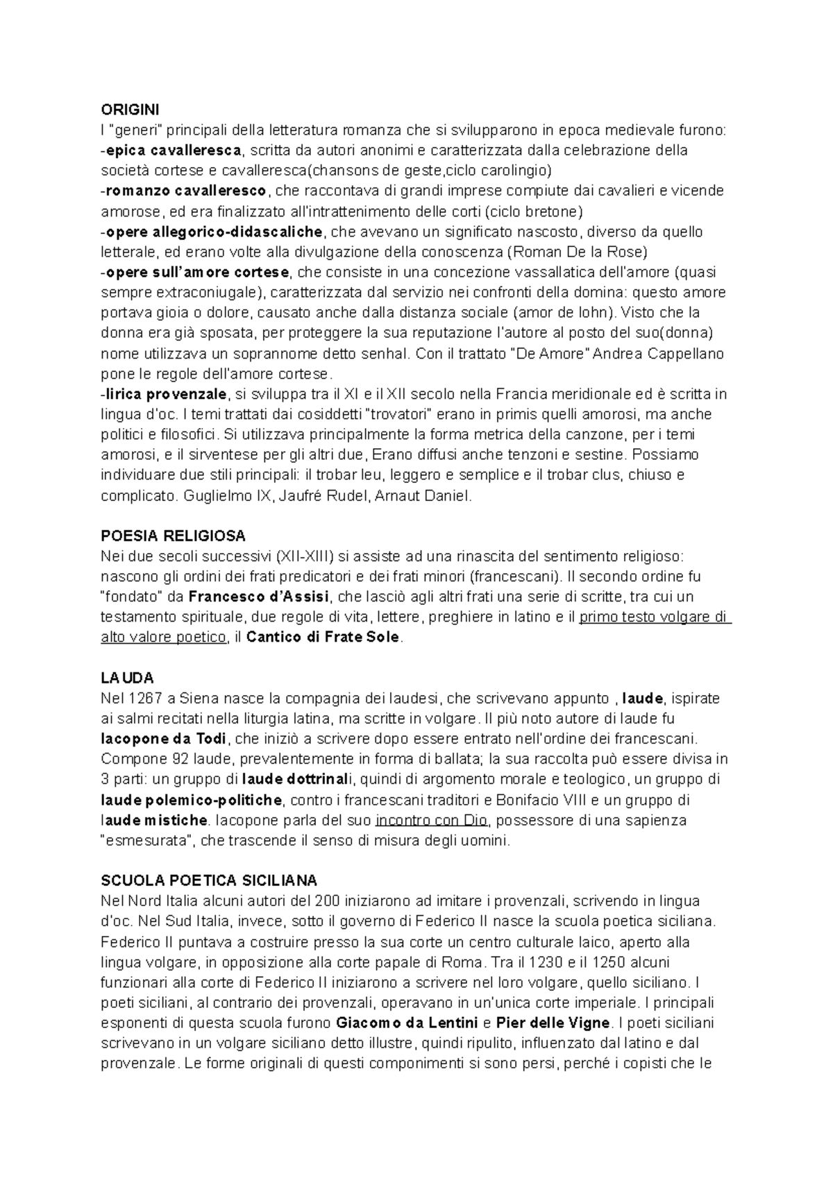 Letteratura '200-riassunti italiano - ORIGINI I “generi” principali ...