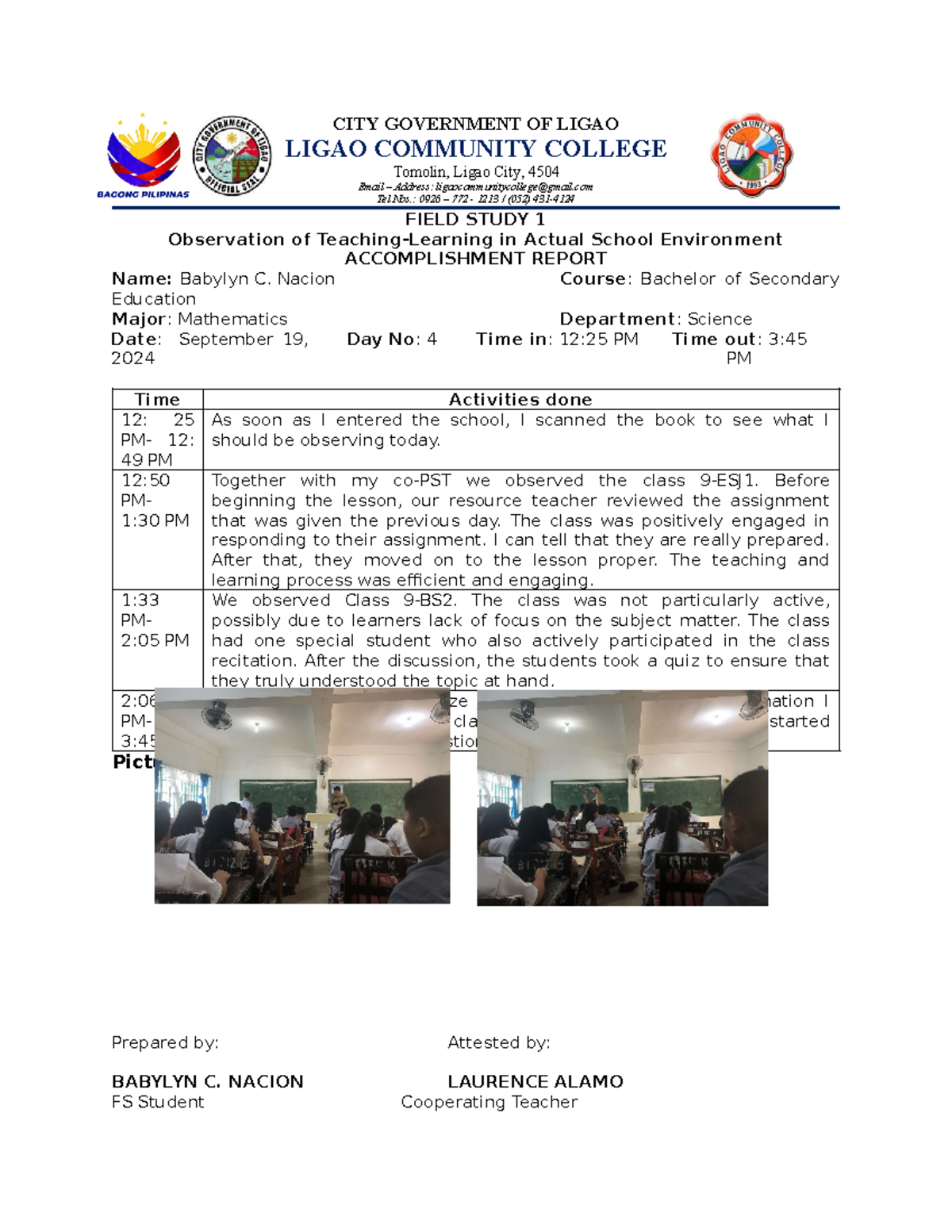 Accomplishment Report- Day 4 - CITY GOVERNMENT OF LIGAO LIGAO COMMUNITY COLLEGE Tomolin, Ligao ...
