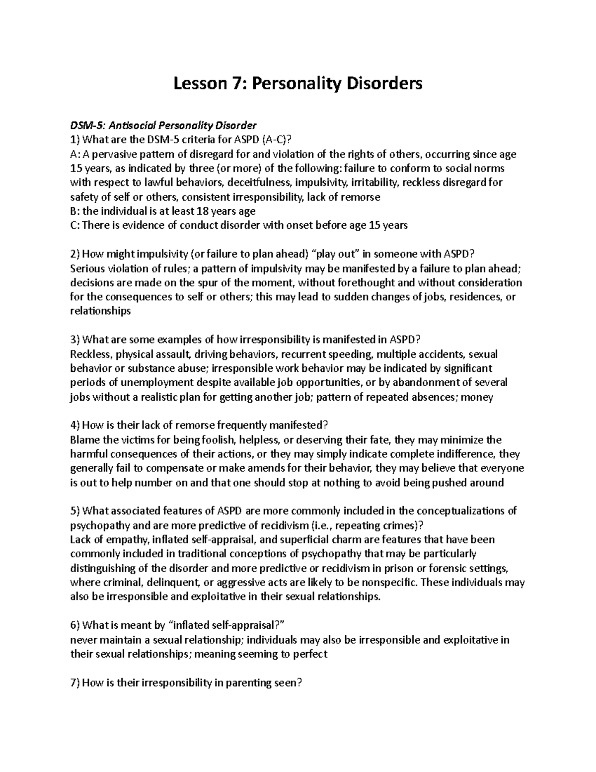 Lesson 7 - Personality Disorders - Lesson 7: Personality Disorders DSM ...