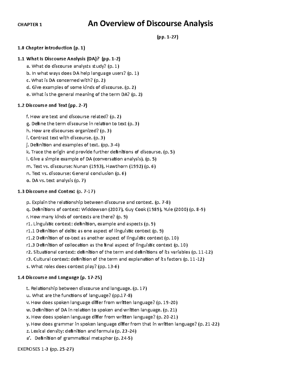 PTDN - 1-Chapter 1 Outline - CHAPTER 1 An Overview of Discourse Analysis (pp. 1-27) 1 Chapter ...