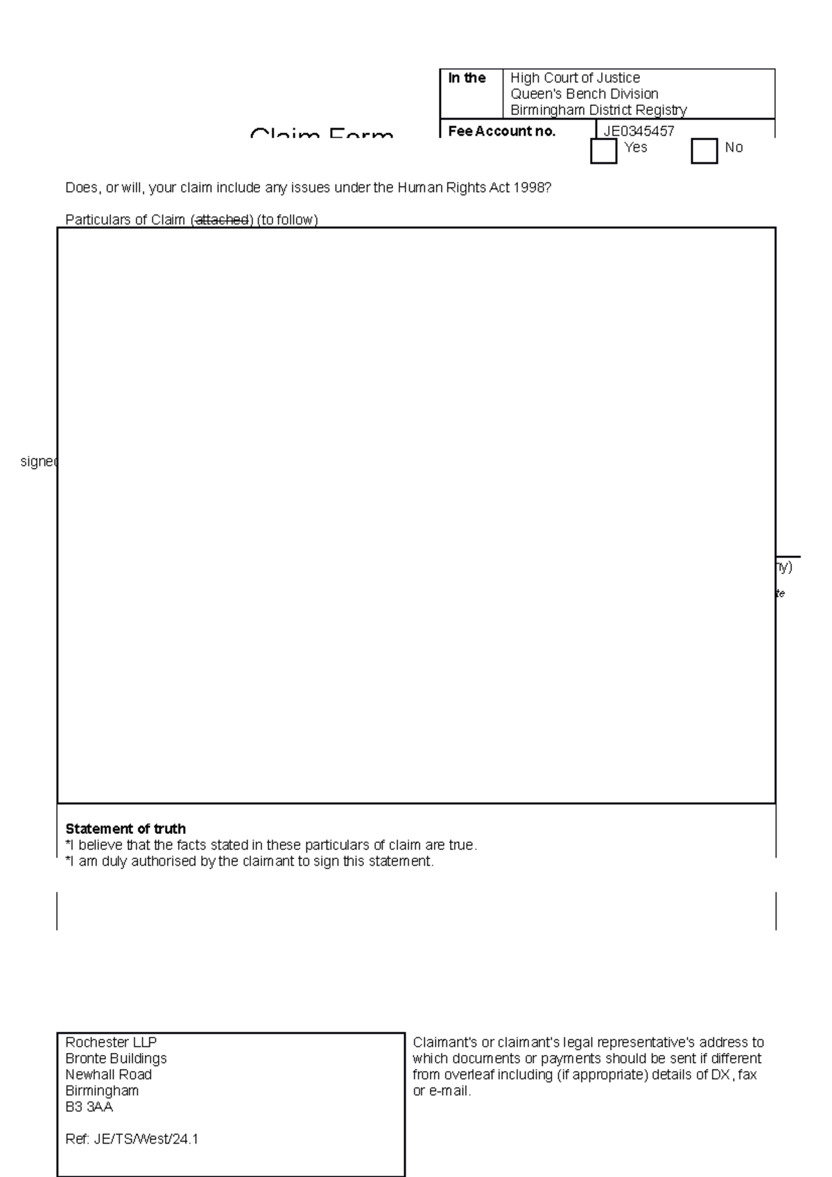 Claim Form Exemplar - Misrepresentation - SEAL In the High Court of ...