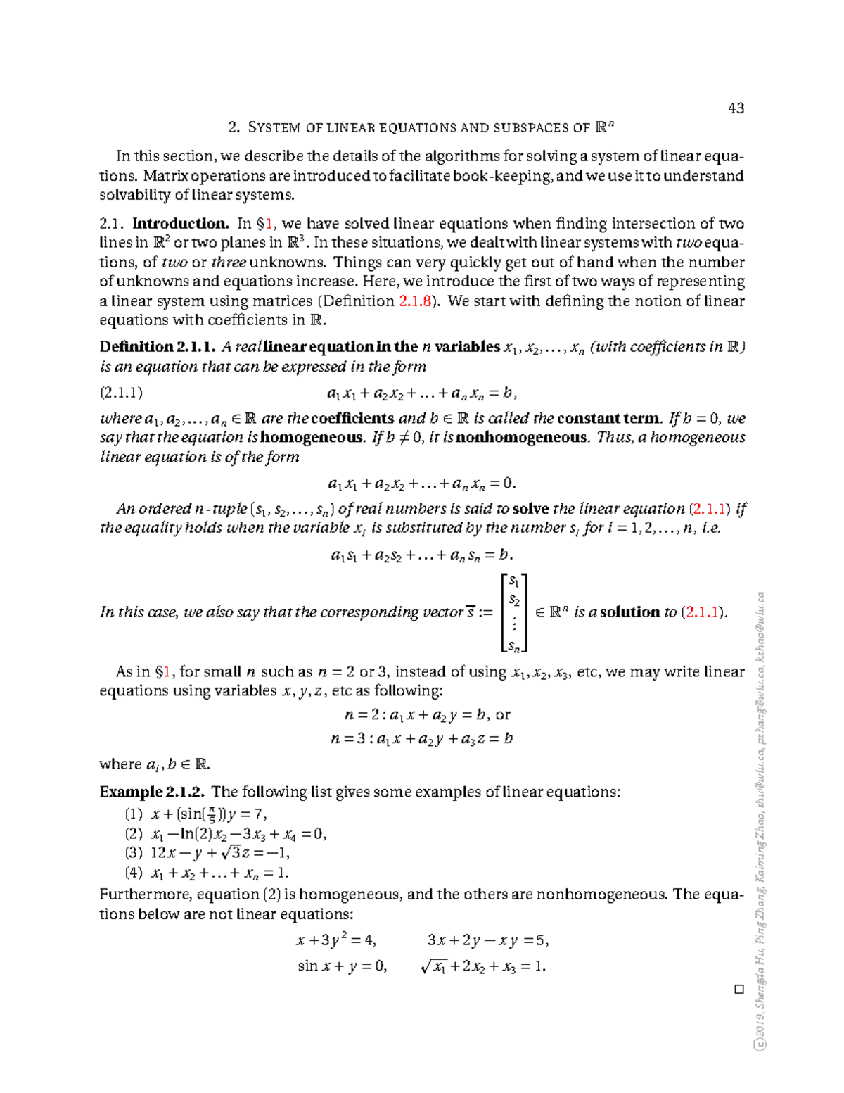 Linear Algebra-Intro-Chap2 - 2019, Shengda Hu, Ping Zhang, Kaiming Zhao ...