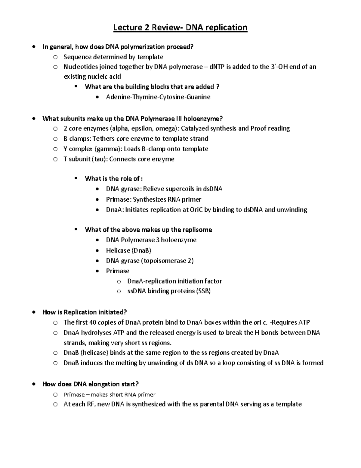 Lecture 2 -DNA replication review - Lecture 2 Review- DNA replication ...