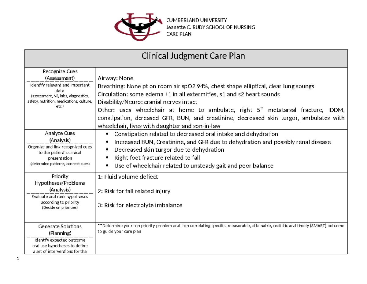 Care plan 324 - care plan example - Jeanette C. RUDY SCHOOL OF NURSING ...