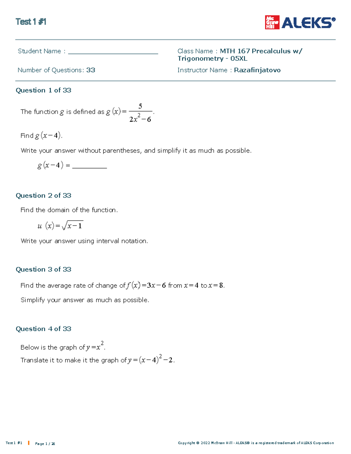 MTH 167 Fall 2022 Test I NA - Test 1 Student Name ...