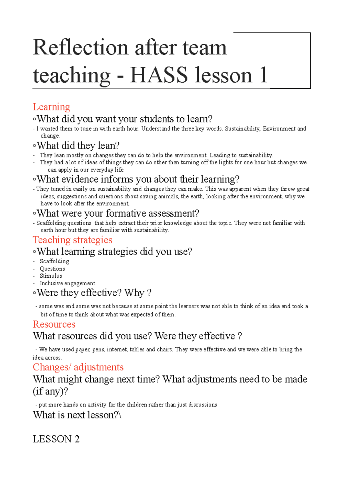 Hassreflection 1 - HASS essay - Reflection after team teaching - HASS ...