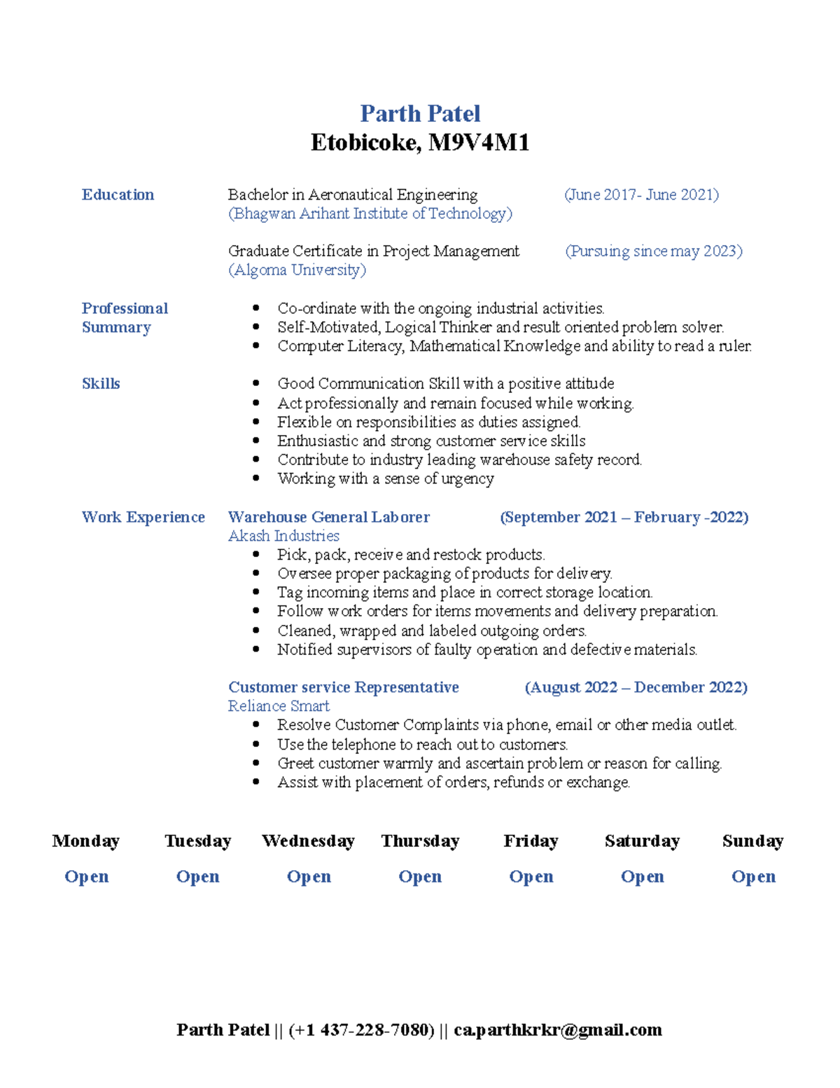 Resume - fggf - Parth Patel Etobicoke, M9V4M Education Bachelor in ...