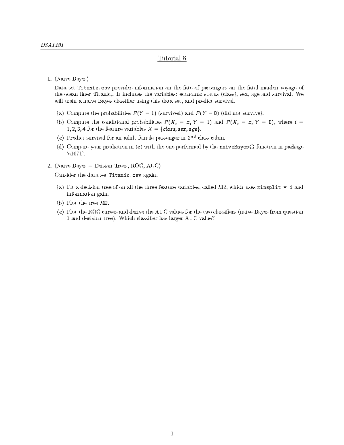 Tutorial 08 Qn Hiu Dsa Tutorial 8 Naive Bayes Data Set Titanic Provides Information On The