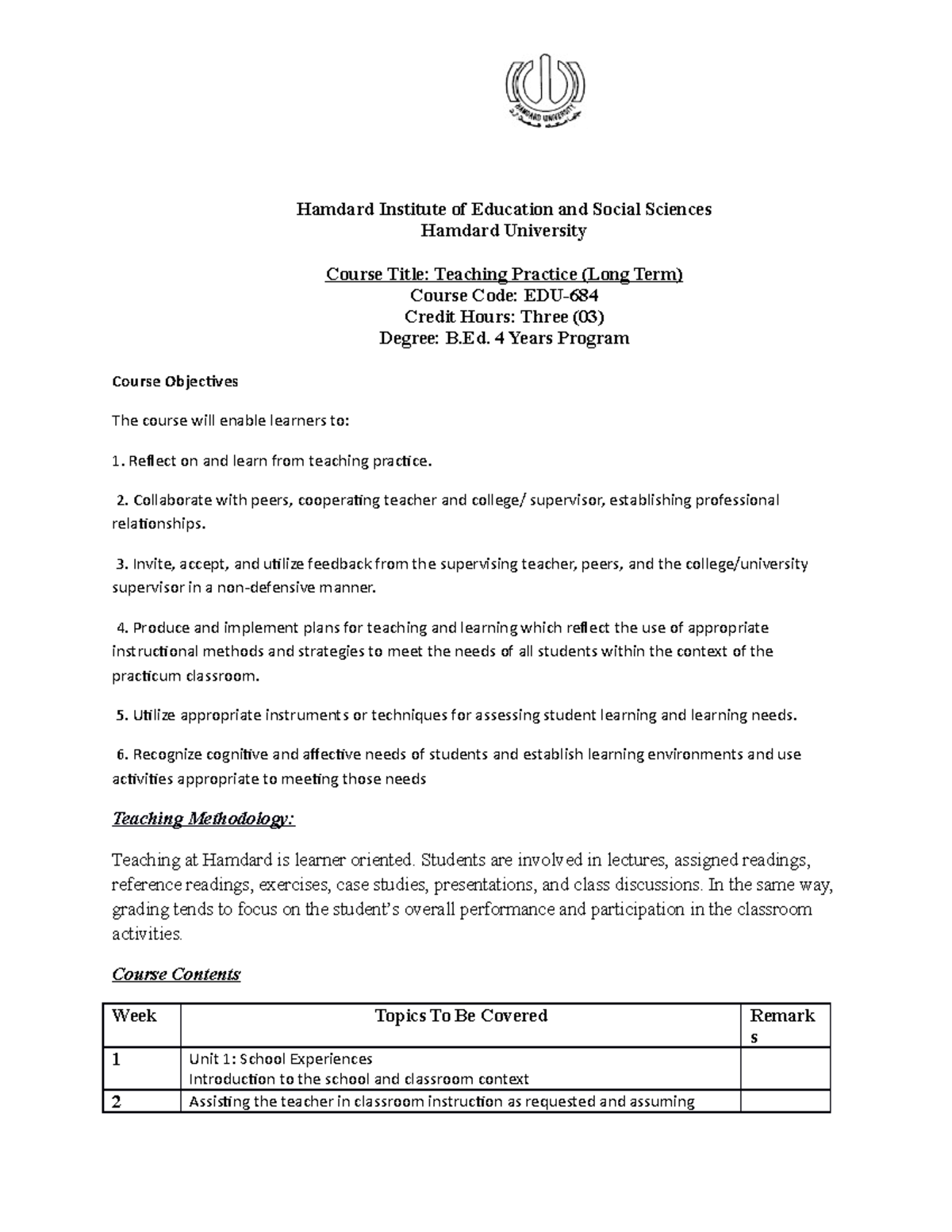 Teaching Practice-Course Outline - Hamdard Institute of Education and ...
