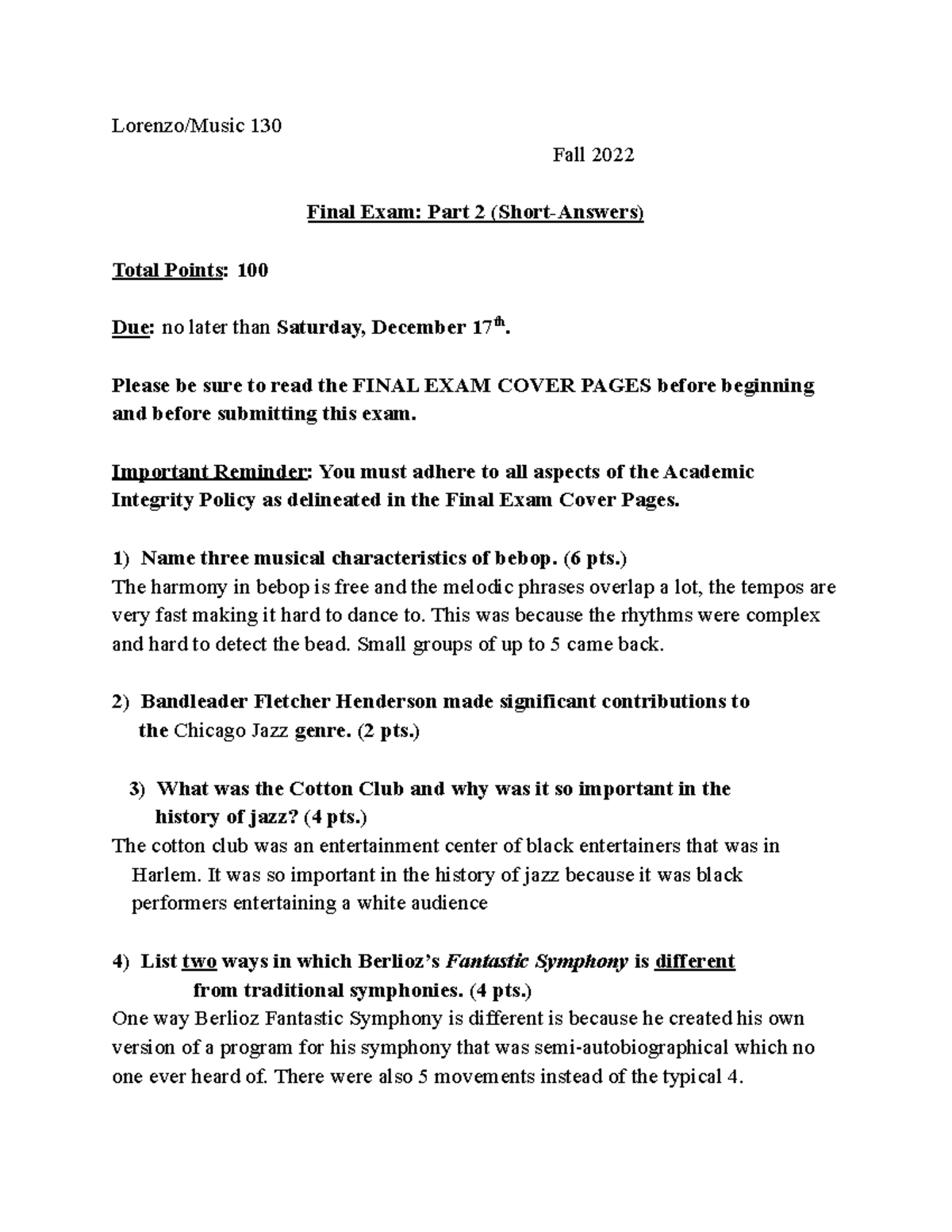 Music Final - Lorenzo/Music 130 Fall 2022 Final Exam: Part 2 (Short ...
