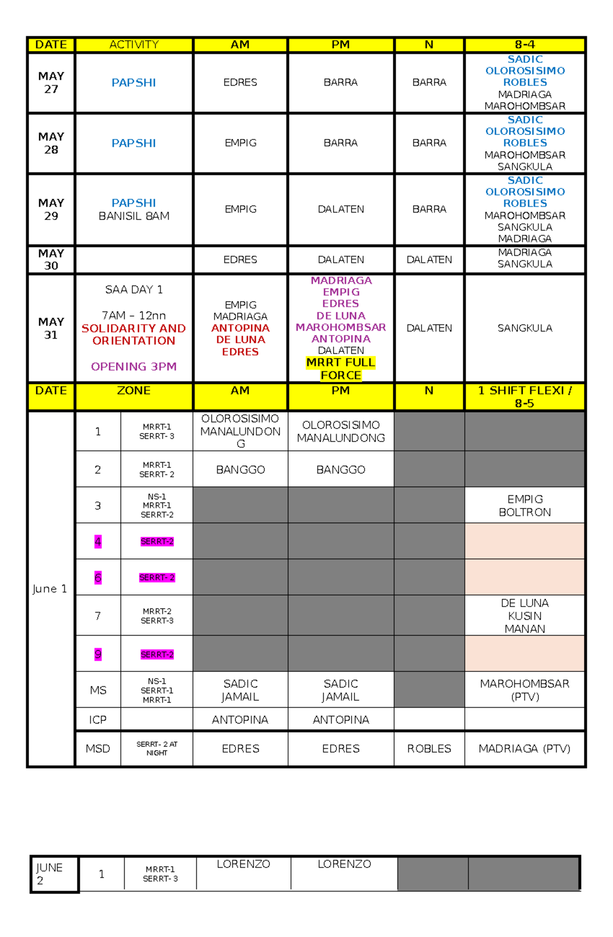 Msusaa- Sched - DATE ACTIVITY AM PM N 8- MAY 27 PAPSHI EDRES BARRA ...