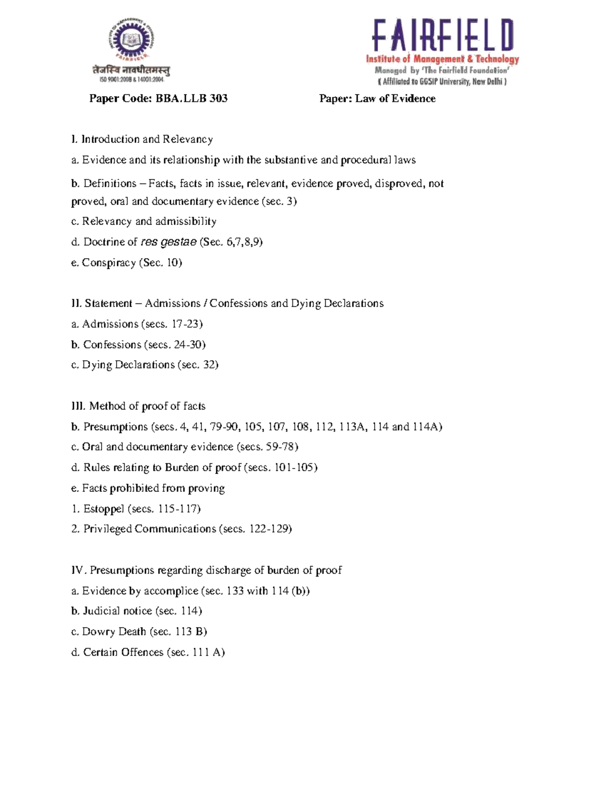 Bballb 303 - Paper Code: BBA 303 Paper: Law of Evidence I. Introduction ...