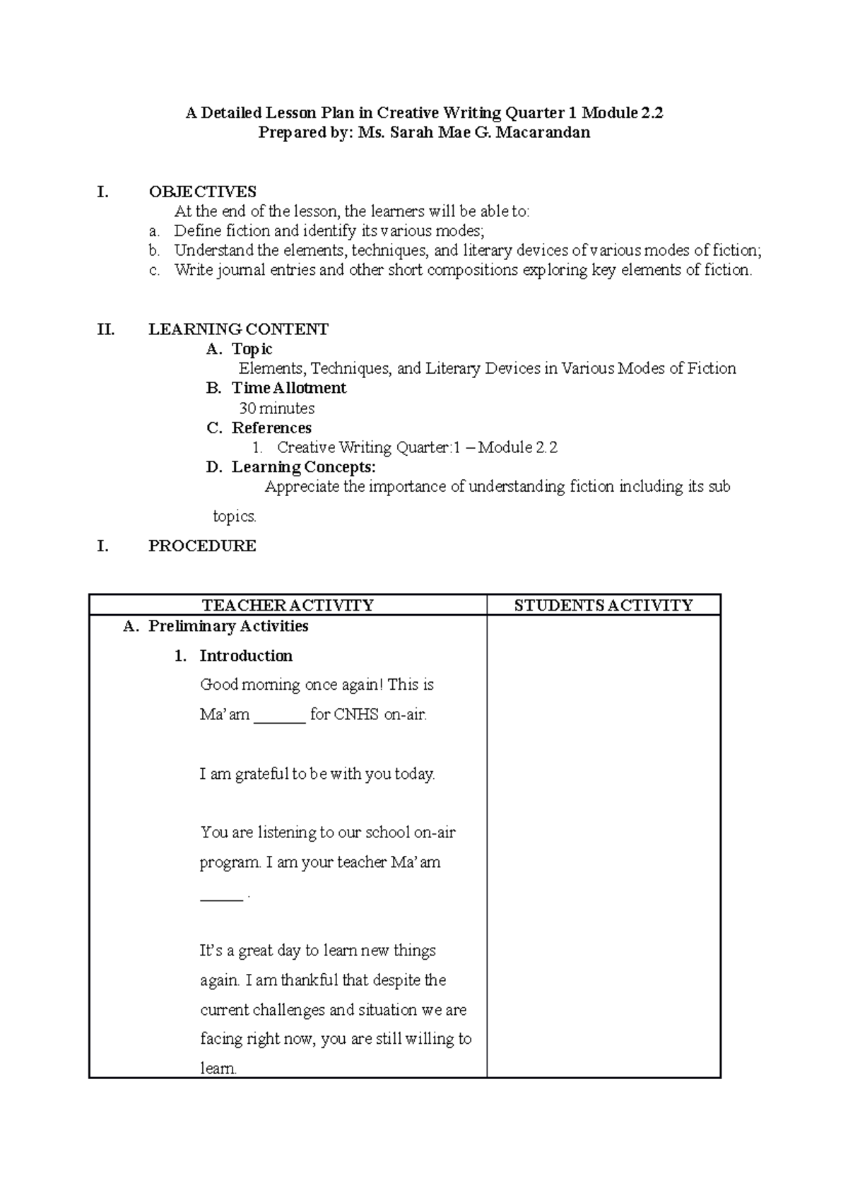 A Detailed Lesson Plan In Creative Writing Quarter 1 Module 2 