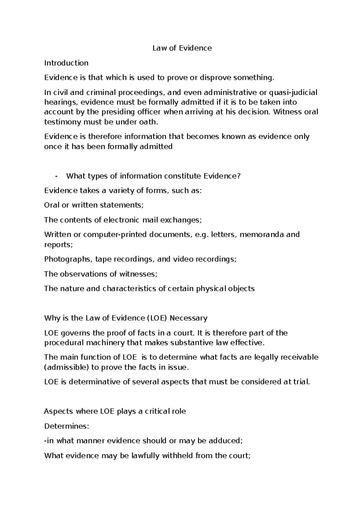Law of Evidence class notes - Law of Evidence Introduction Evidence is ...