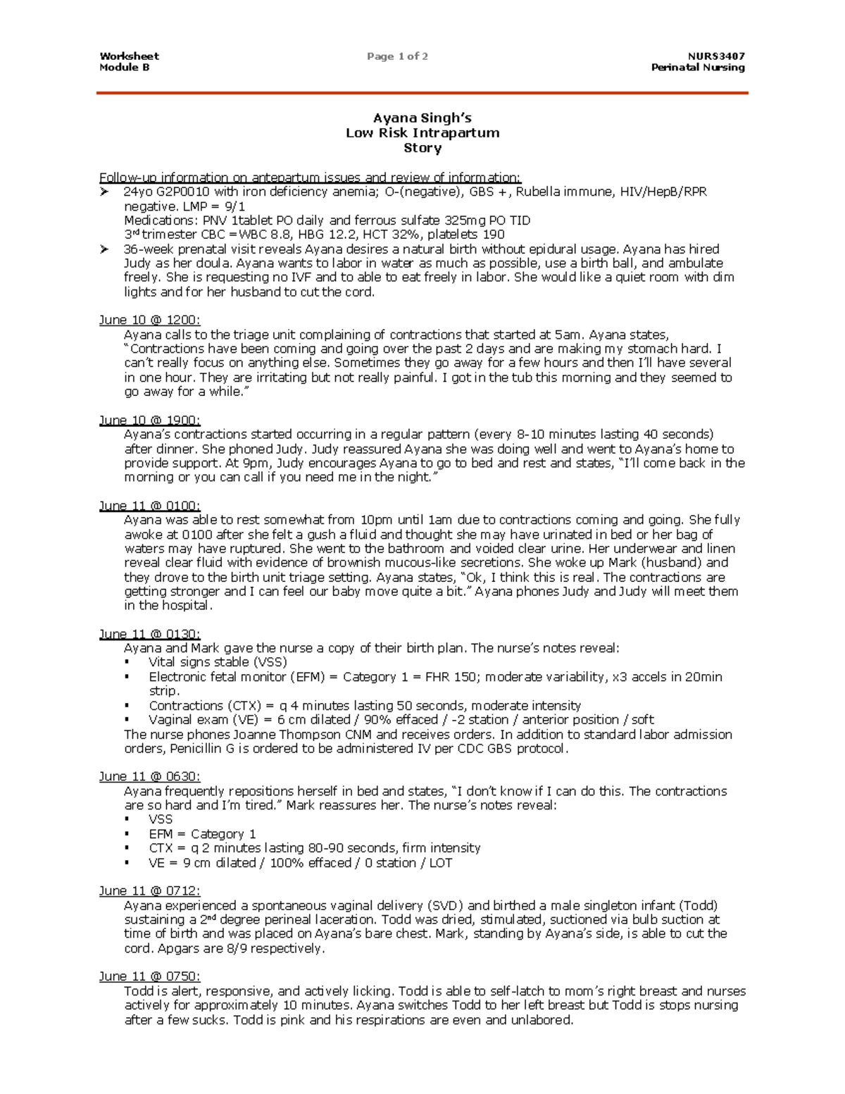 Module B - Ayana Worksheet-1 - Worksheet Module B Page 1 of 2 NURS ...
