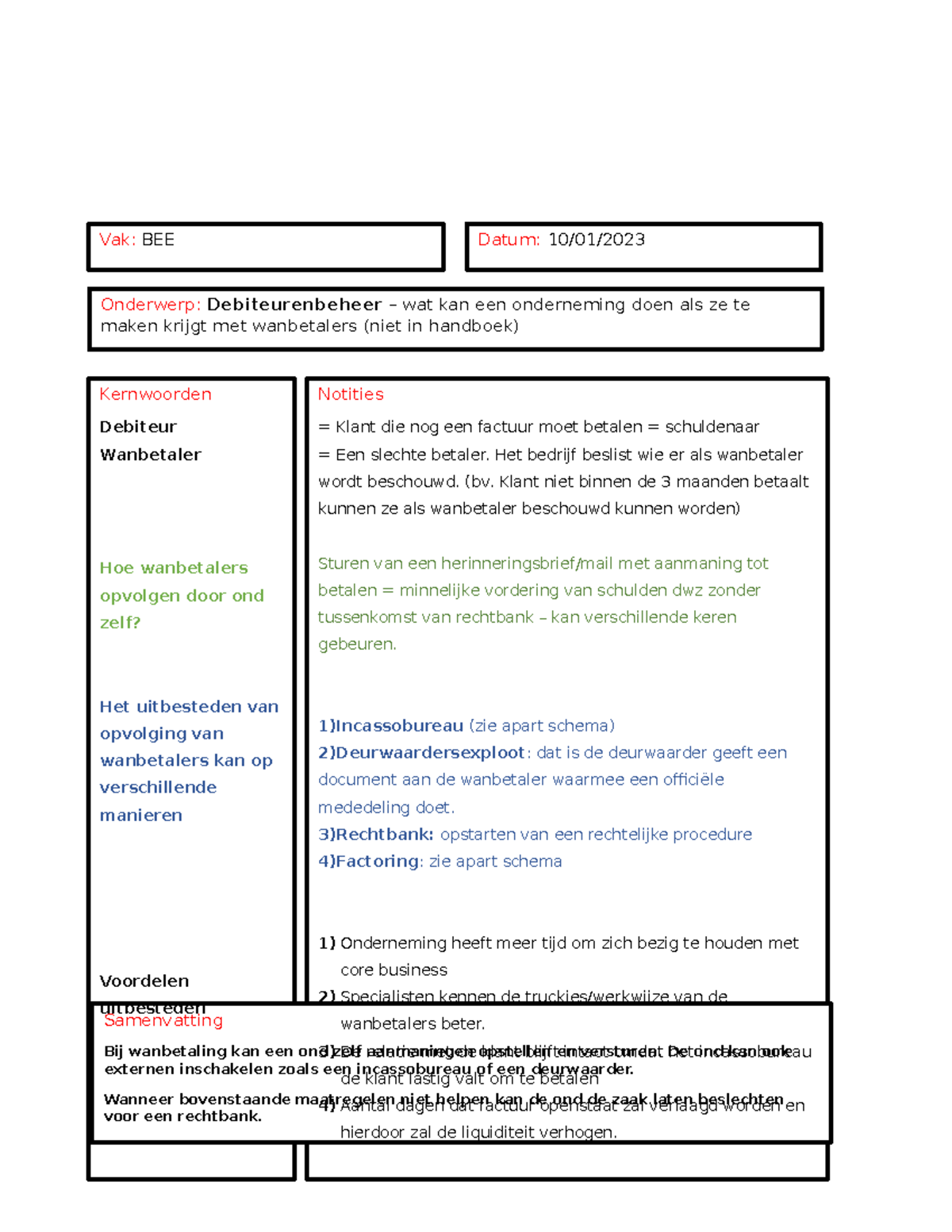 Opg cornell schema overzicht debiteurenbeheer - Kernwoorden Debiteur ...