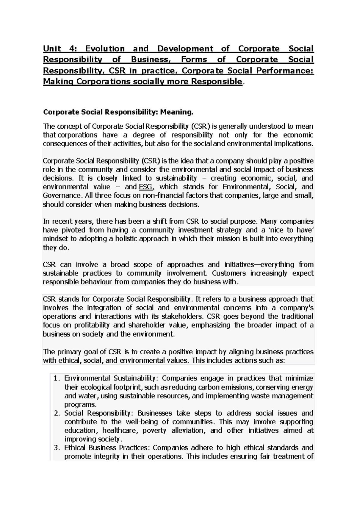 Unit 4-2 - Unit 4: Evolution and Development of Corporate Social ...