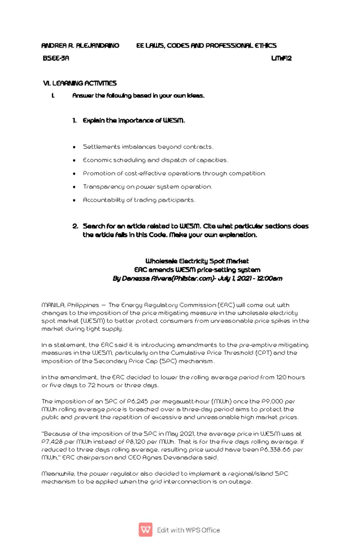 LM12 EE LAWS CODE AND Professional Ethic - ANDREA R. ALEJANDRINO EE ...
