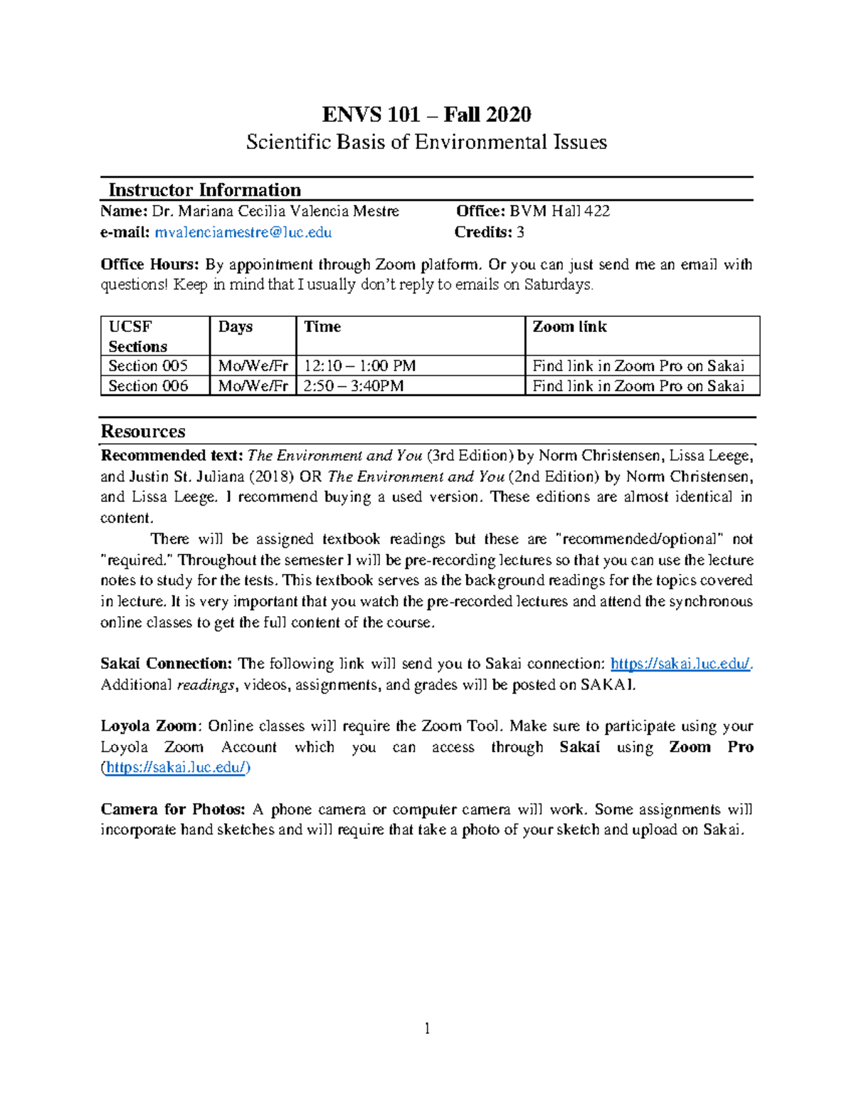 Syllabus ENVS101 Fall2020 - ENVS 101 – Fall 2020 Scientific Basis of Environmental Issues ...