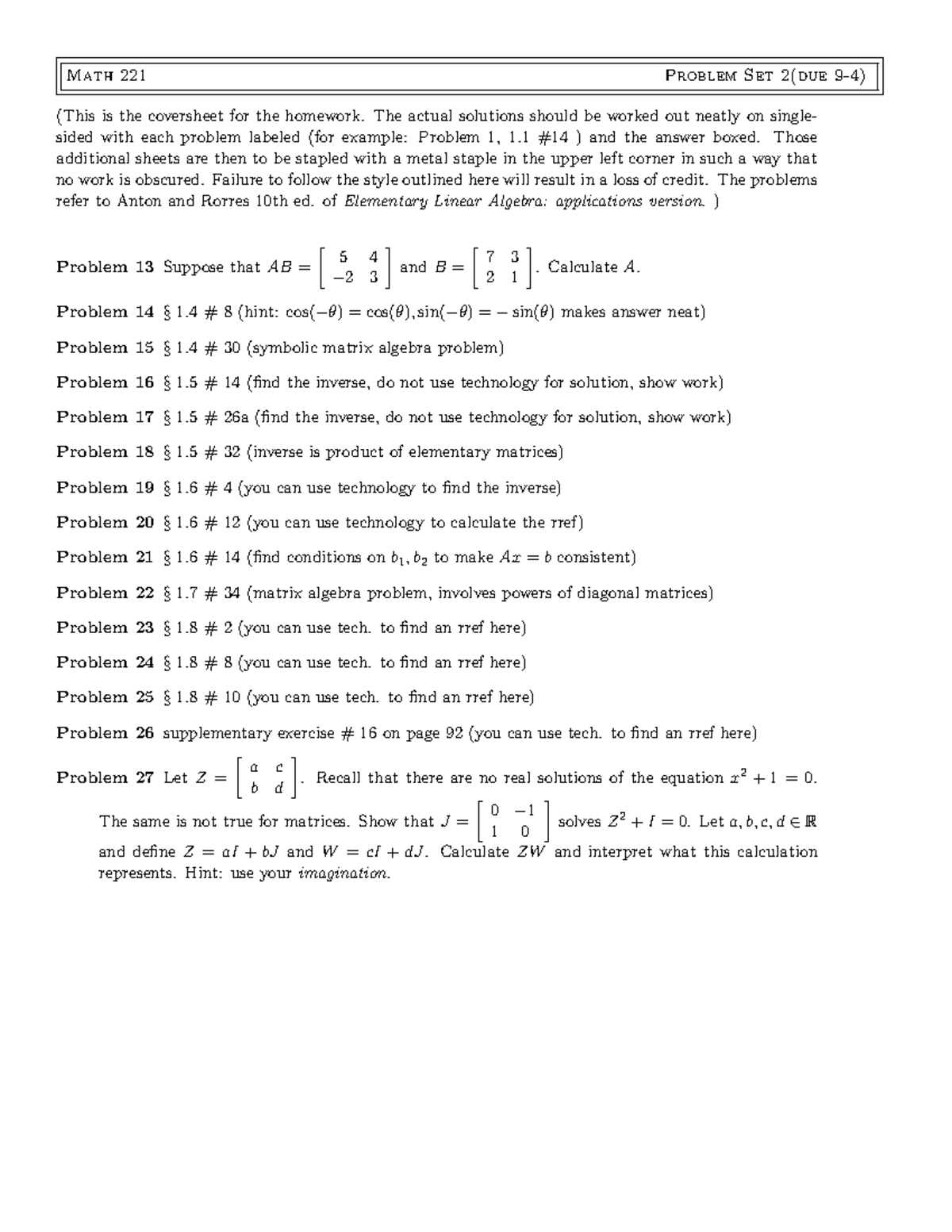 Seminar assignments Homework 2 - Math 221 Problem Set 2(due (This is ...