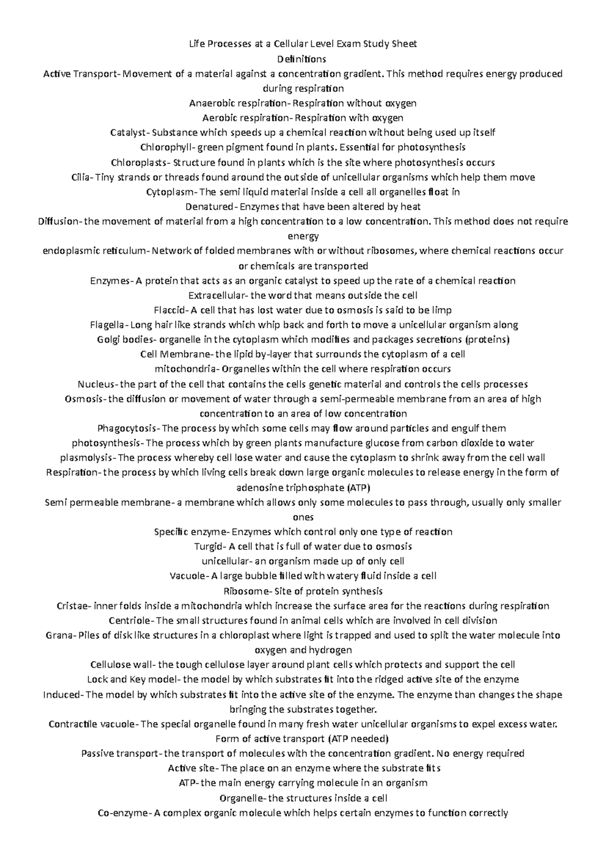 Life Processes exam review sheet - Life Processes at a Cellular Level ...