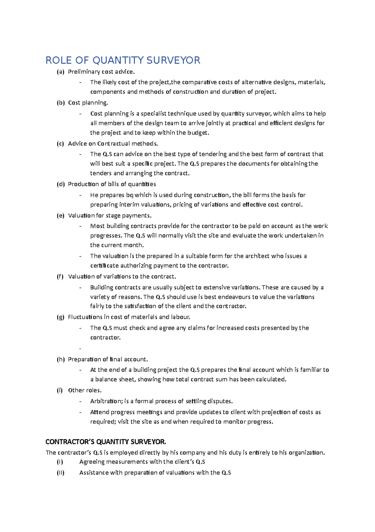 Edited estimation - ROLE OF QUANTITY SURVEYOR (a) Preliminary cost ...