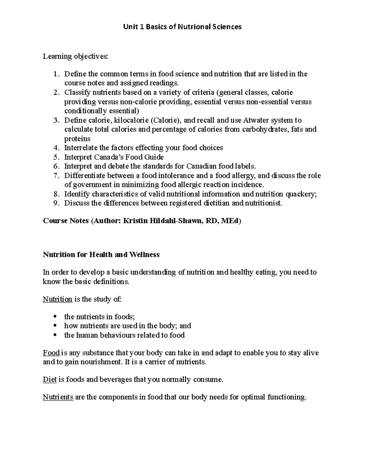 Unit 1 Basics of Nutrional Sciences - Learning objectives: Define the ...