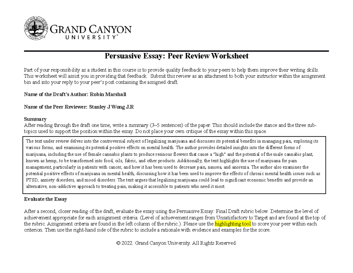 T-6 Peer Review Worksheet PHI105 - Persuasive Essay: Peer Review ...